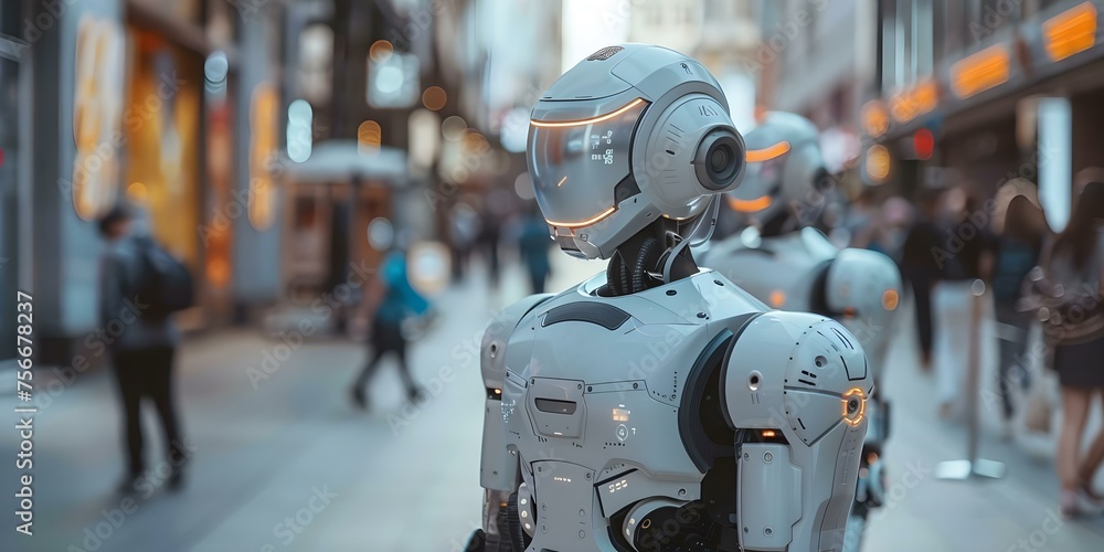 Robotic officers in futuristic sciencefiction setting patrolling city ...