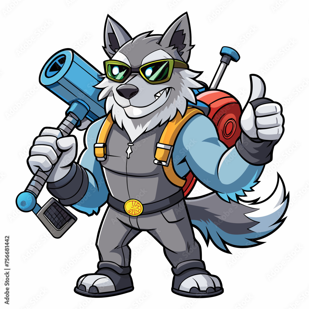 artoonish Gray color wolf, heroic-looking with muscles with backpack ...