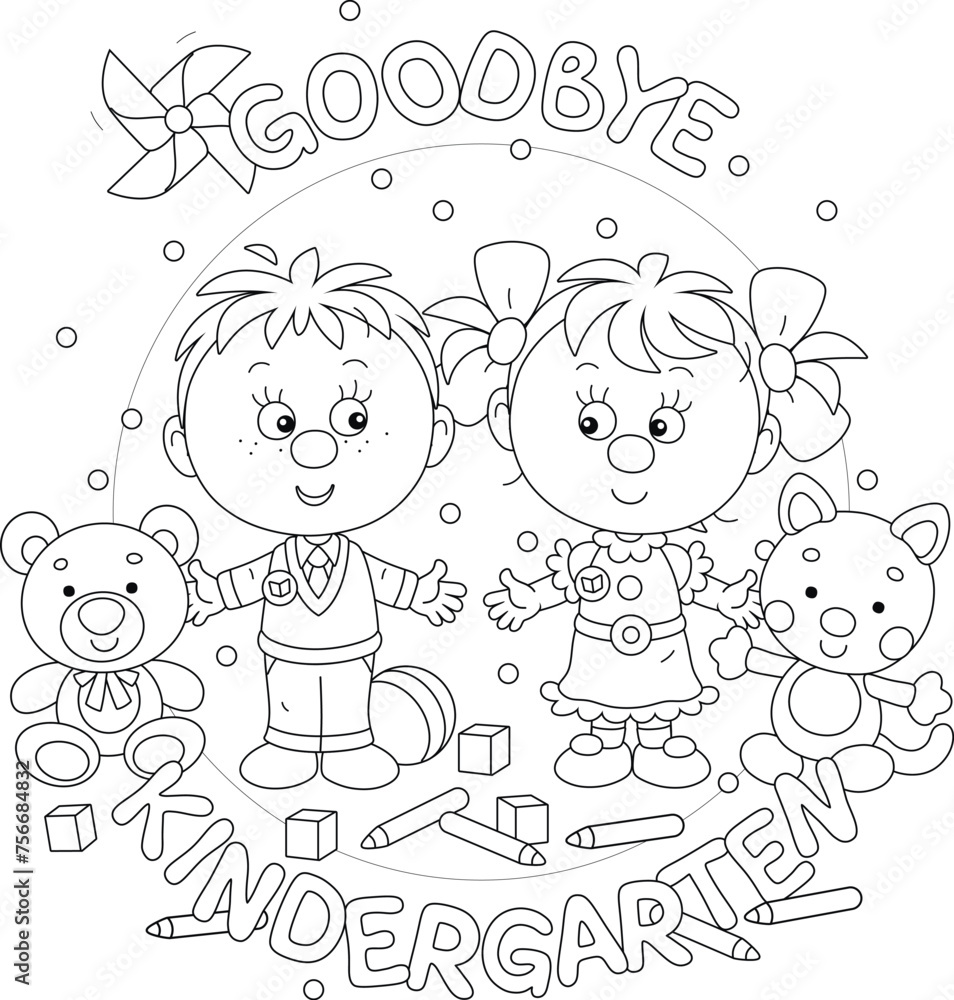Vetor de Goodbye kindergarten card with happy little girl and boy with ...