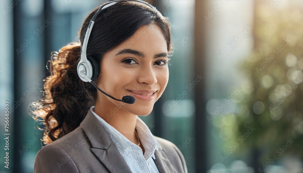 Call center, young woman and smile in contact us with CRM, headset with ...