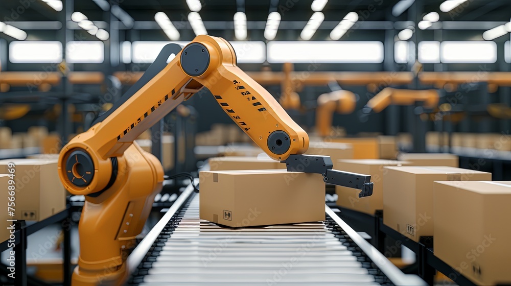 Modern automated industrial robot arm working with cartboard box ...