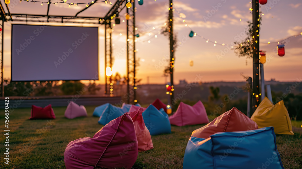 Outdoor cinema setup with a large movie screen and multiple colorful ...