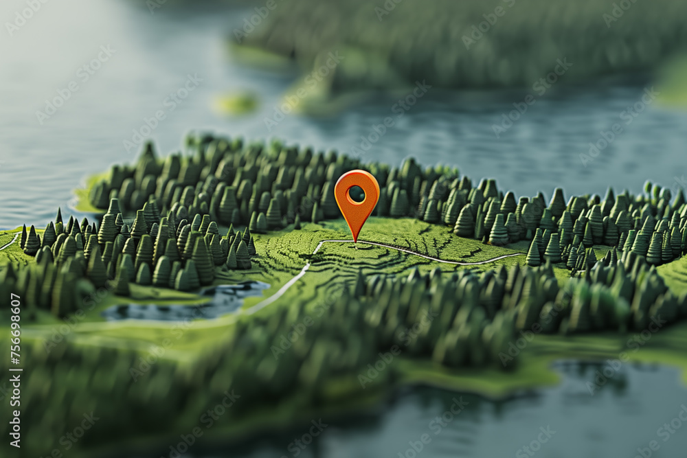 A map with location icon in the center, pinpointed by a red location ...