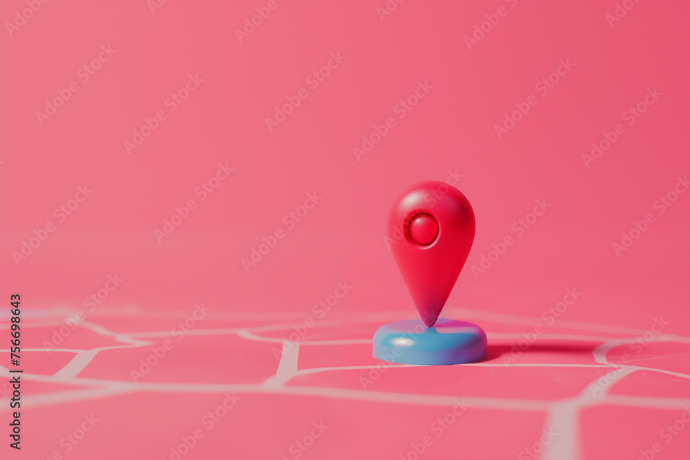 A bold red pin marker stands prominently on a simplified, stylized map ...