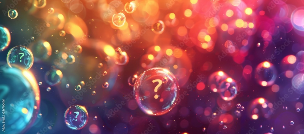 Colorful background with bubbles and question marks floating in the air ...