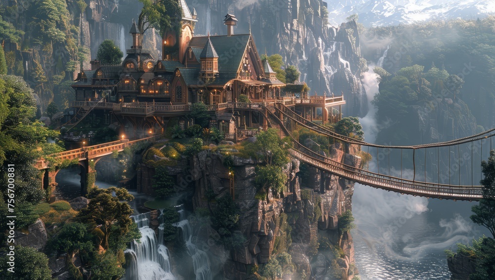 concept art of a fantasy medieval house on a cliff, with a rope bridge ...