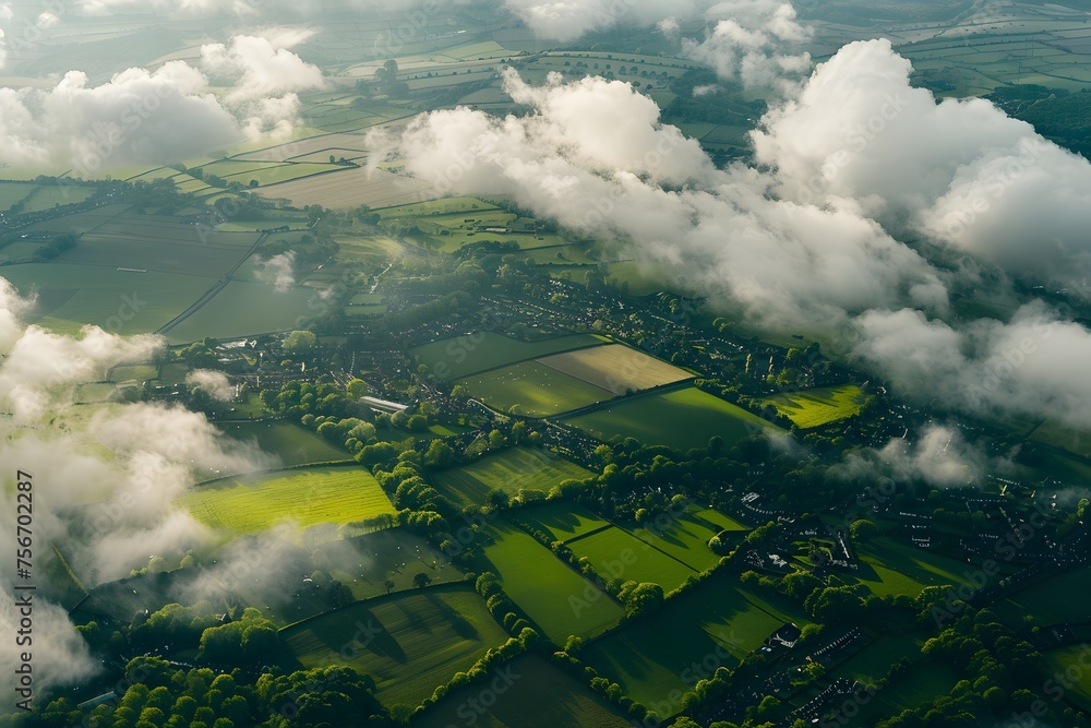 Aerial snapshot of the lush English countryside, dotted with villages ...