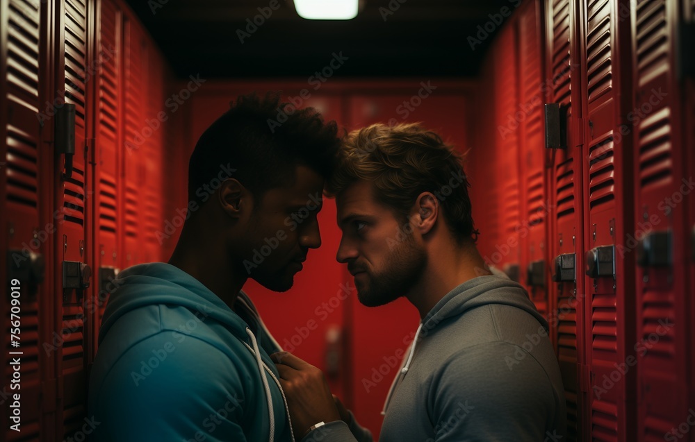 Two men standing in a hallway between rows of lockers. The men are ...