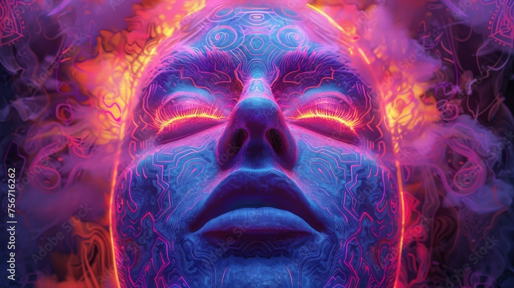 Vibrant digital artwork featuring a human face with psychedelic neon ...