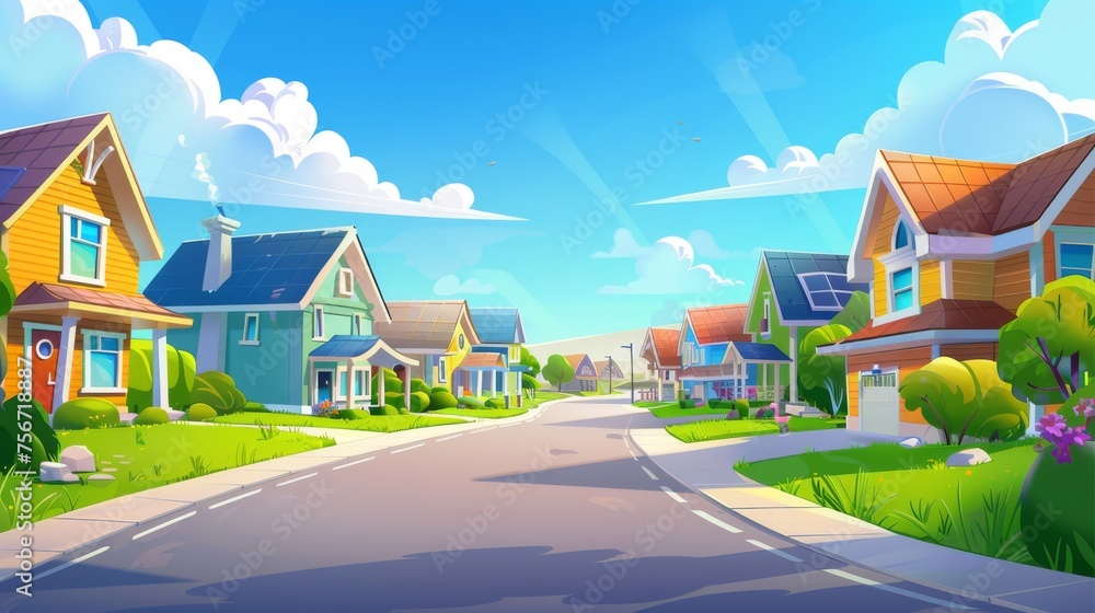 Typical summer suburban landscape with houses in rows, green grass on ...