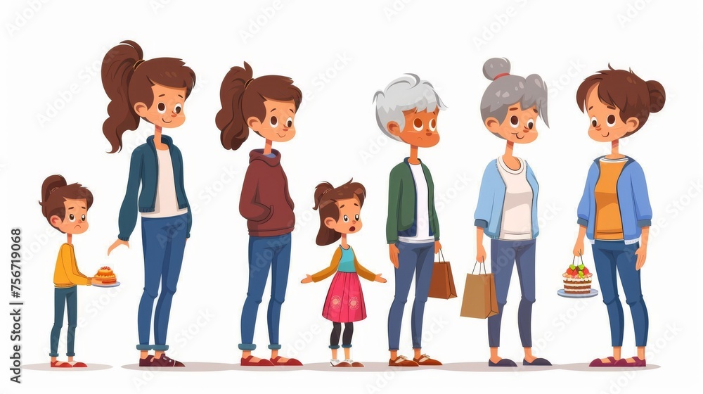 A life cycle set of female characters from small to old. A cartoon ...