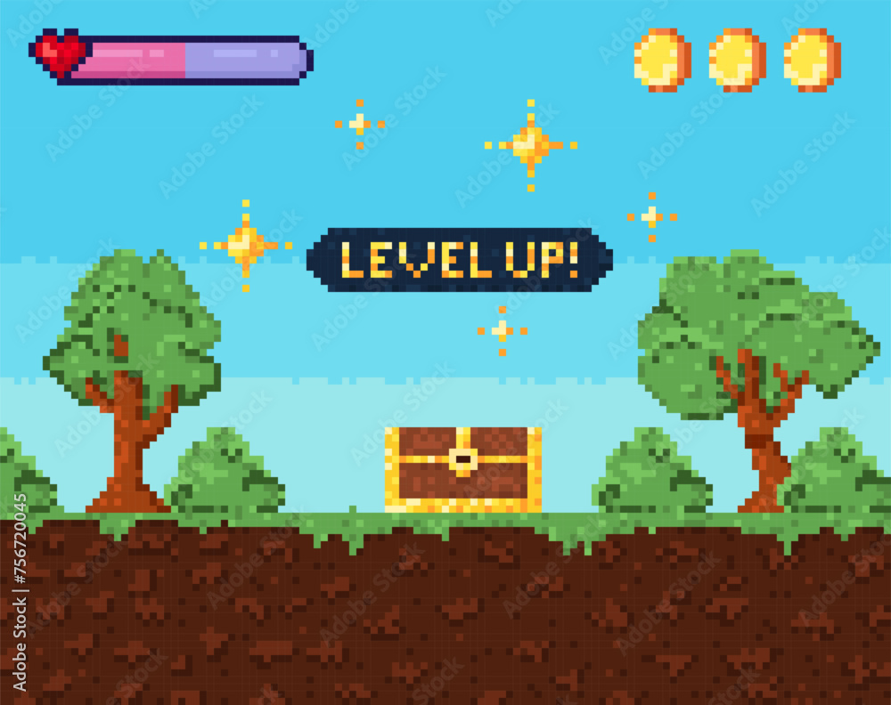 Vecteur Stock Pixel art game level up background. Retro 8 bit video ... Vecteur Stock Pixel art game level up background. Retro 8 bit video ...