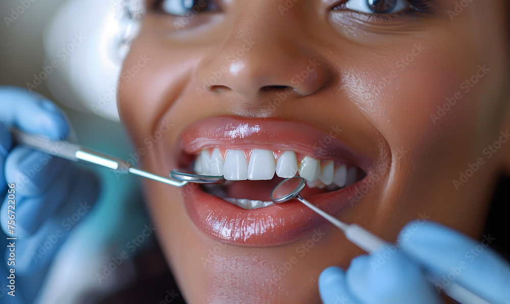 Close-up dental examination with mirror. Macro photography with ...