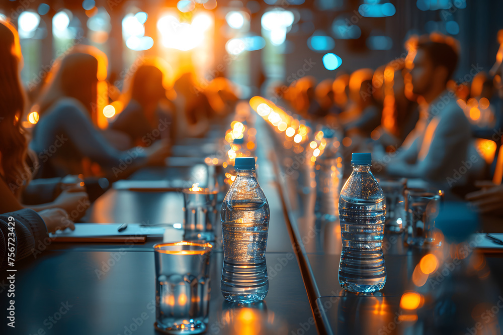 Conference table setup with bottled water and documents. Indoor ...
