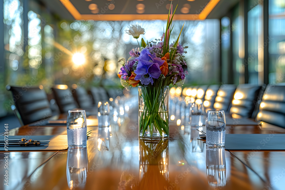 Elegant boardroom table setting with vibrant floral arrangement and ...
