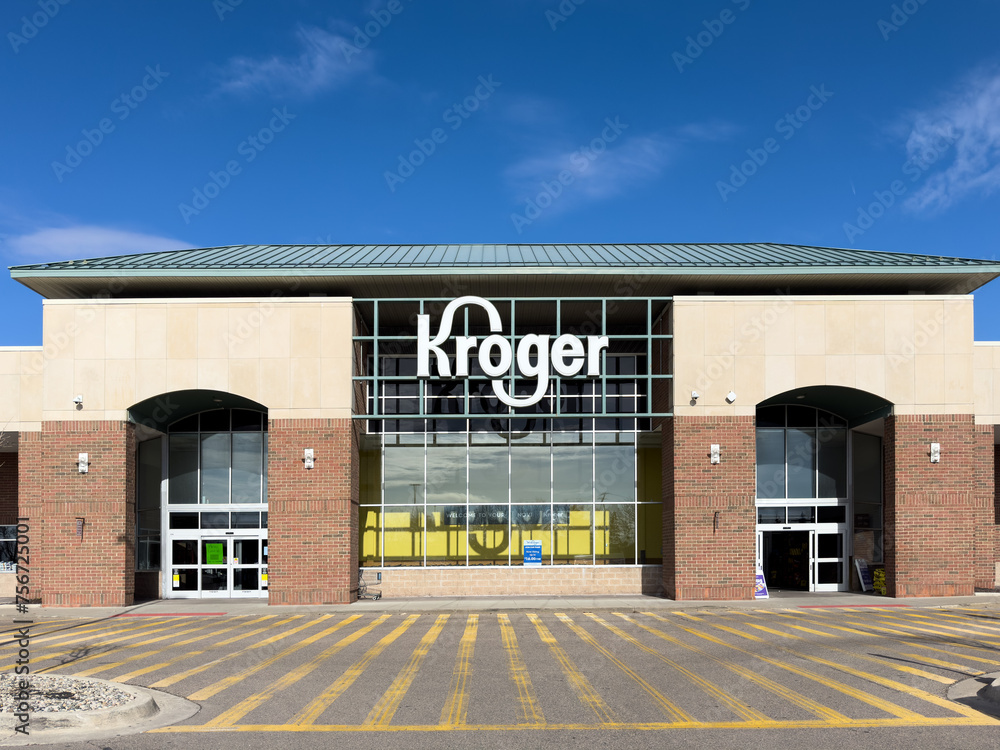 Kroger grocery store front entrance and logo. The Kroger Company is an American supermarket ...