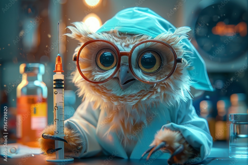An owl nurse with glasses holds a syringe, wearing lab attire in a ...