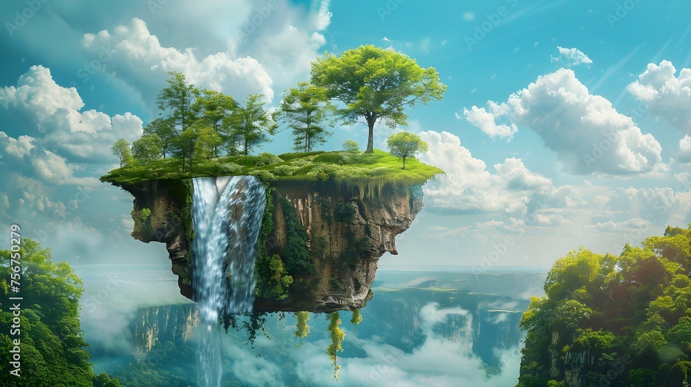 Surreal float landscape with waterfall paradise idea on blue sky cloud ...