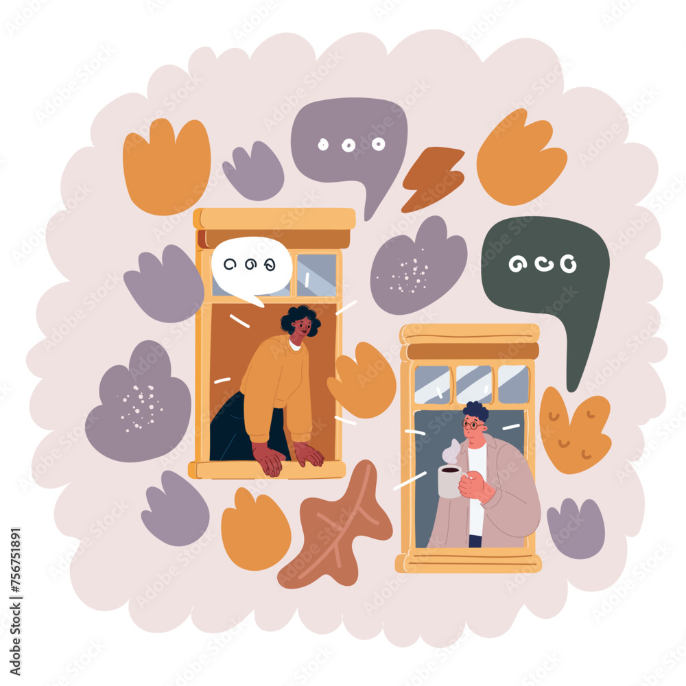 Vector illustration of People in windows frames. Communicating ...