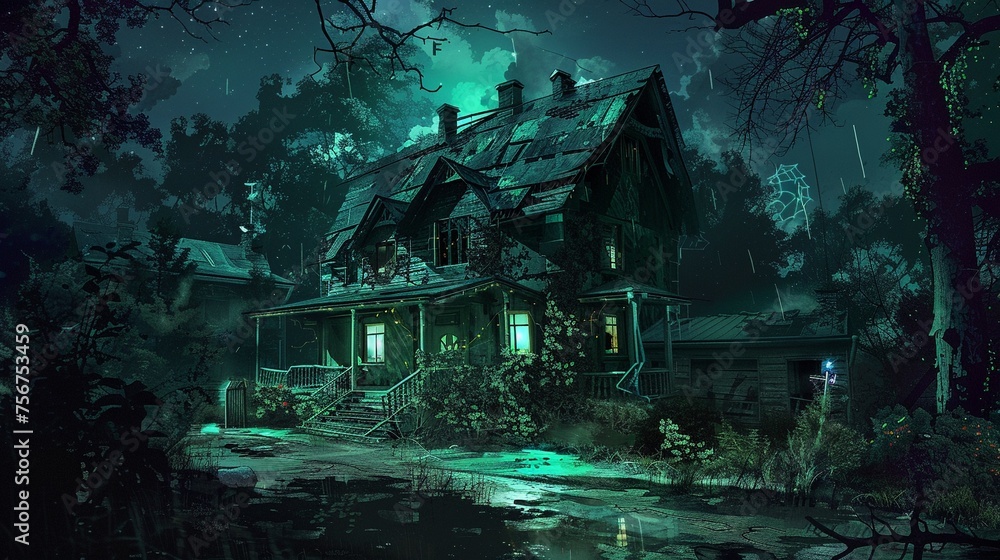 Digital painting of A paranormal investigator exploring a haunted house ...