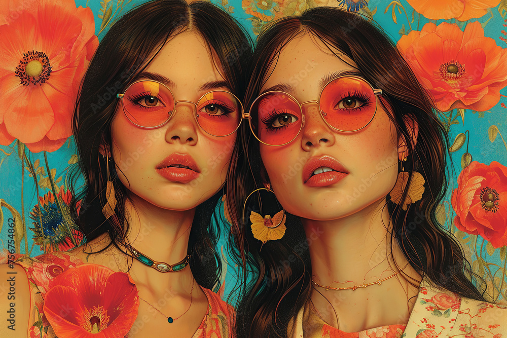 Boho Friends Embrace Freedom & Joy. Two friends enjoy a moment of joy ...