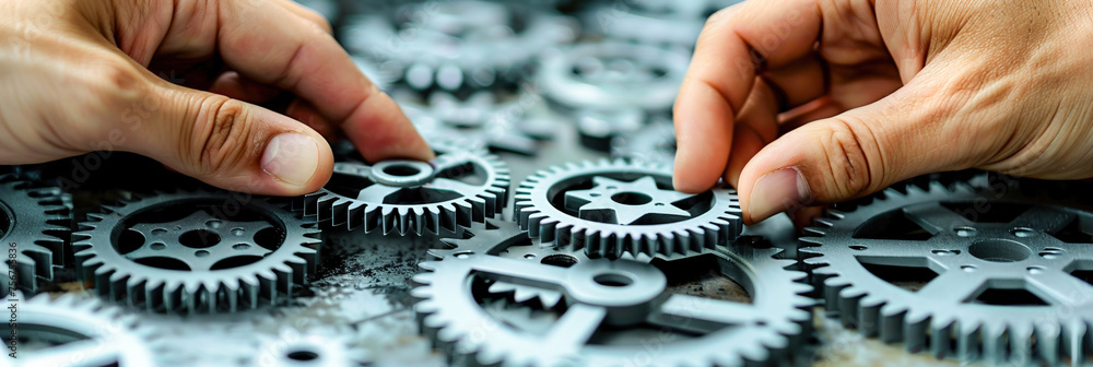 Hands piecing together a puzzle of gears, teamwork and synergy in ...