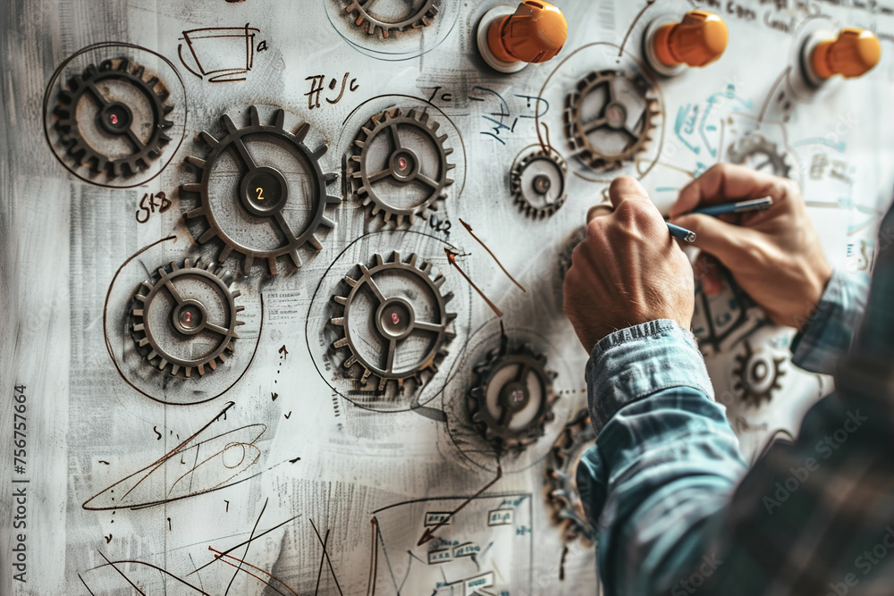 A person sketching interconnected gears on a whiteboard, symbolizing ...