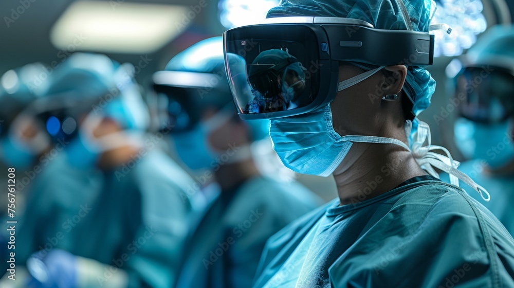 Surgeons with AR headsets in an OR, displaying vital stats and a 3D ...