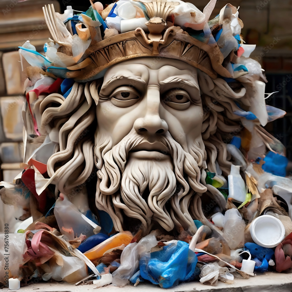 fantasy portrait of garbage god likened to Greek gods. Plastic ...
