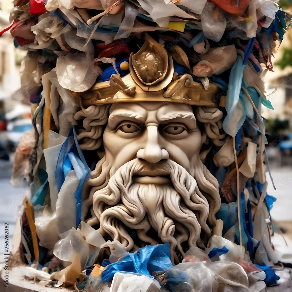 fantasy portrait of garbage god likened to Greek gods. Plastic ...