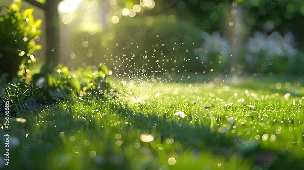 Automatic lawn sprinkler watering green grass. Sprinkler with automatic ...