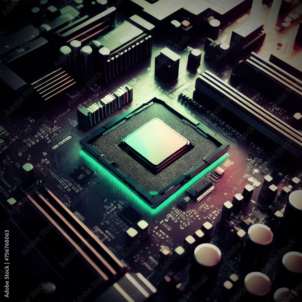 Motherboard with CPU and RAM on a UEFI. Computer motherboard with CPU ...