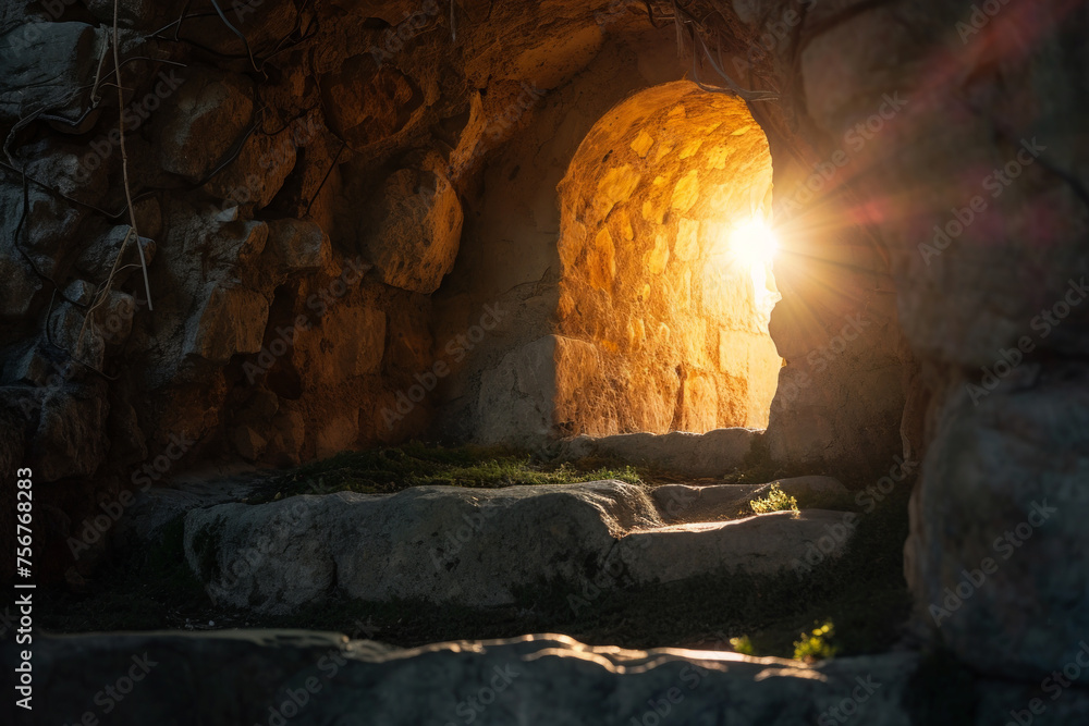 Empty tomb with stone rocky cave and light rays bursting from within ...