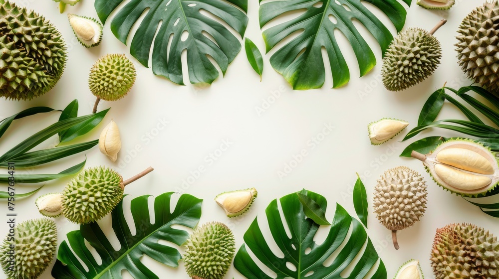 Tropical durian fruit display with monstera leaves on white backdrop ...