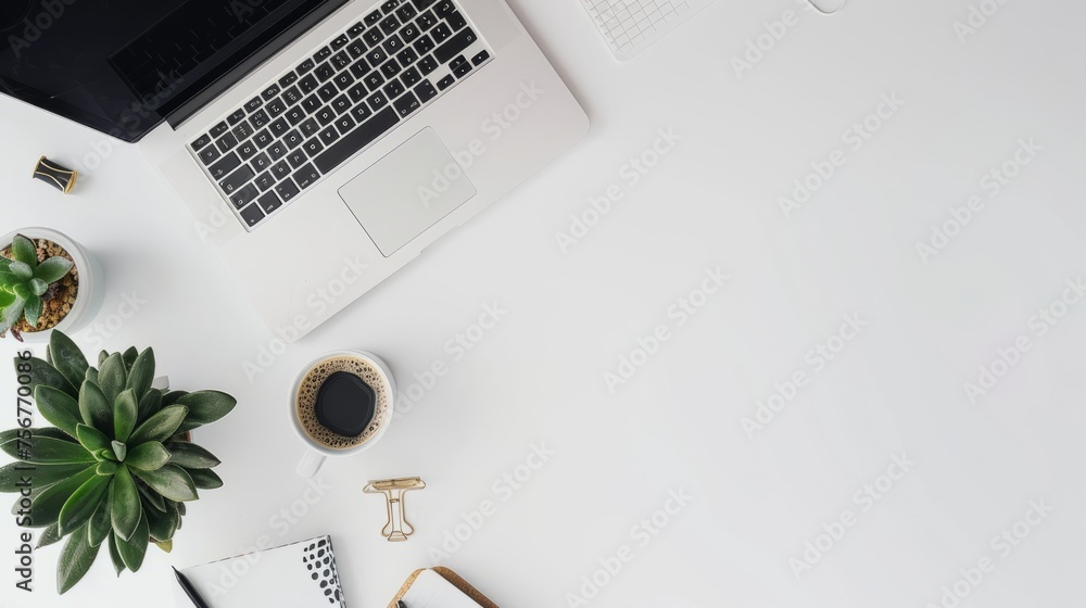 Minimalistic white background of office table with white laptop, coffee ...