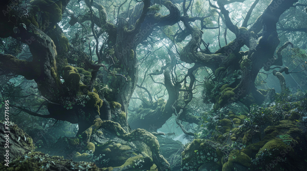 Ancient Trees: Showcase the majesty of ancient trees in a dense forest ...