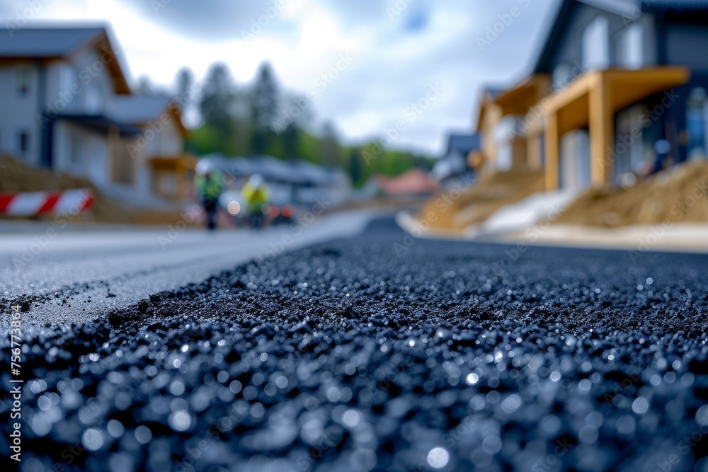 Construction site of road in residential area. Worker are laying new ...