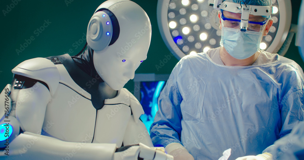 Future robotic surgery concept. Surgical room in hospital with robotic ...