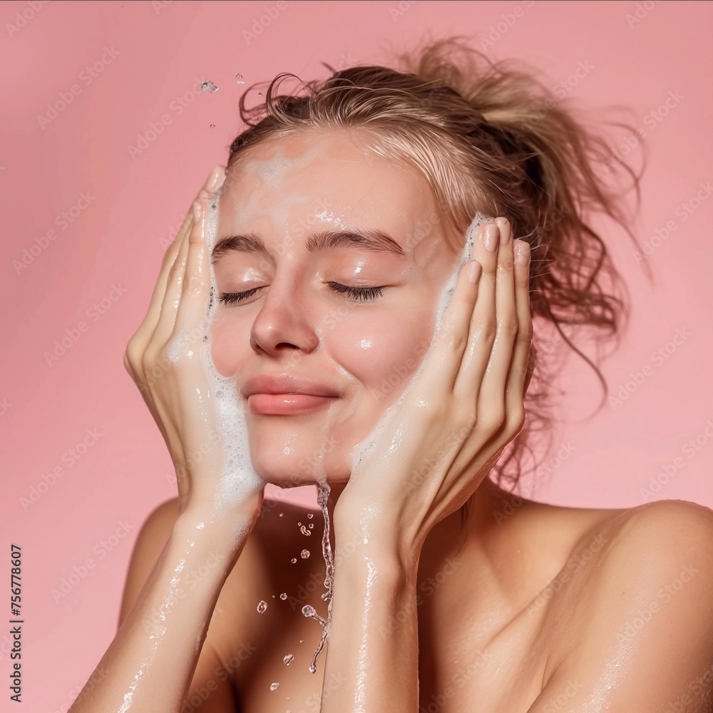 european woman washing her face with clean water. On a flat color ...