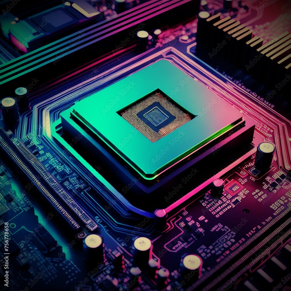 Motherboard with CPU and RAM on a server. Computer motherboard with CPU ...