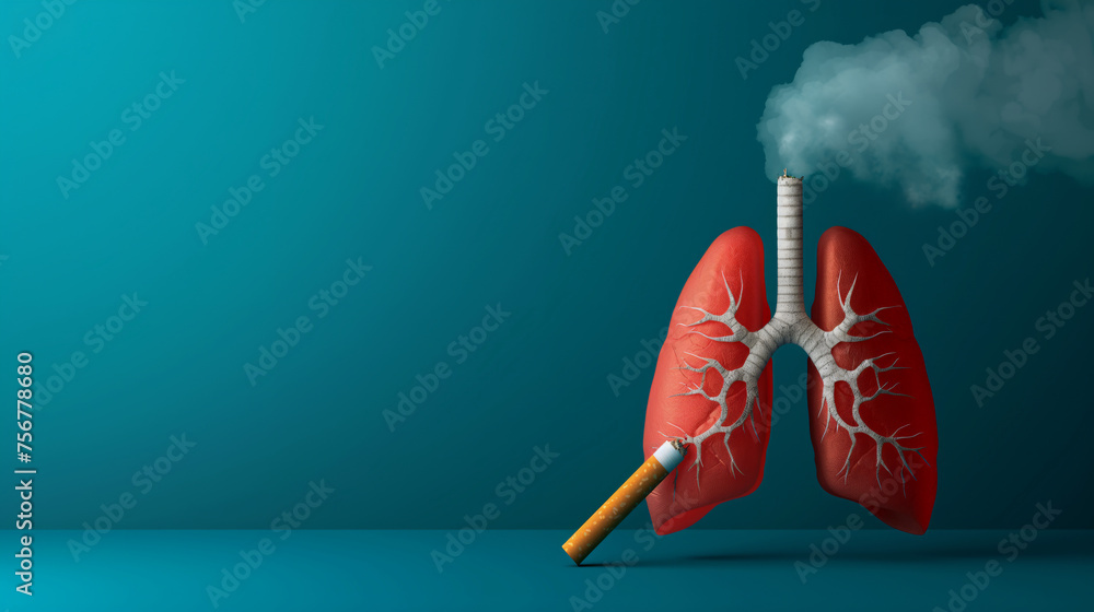 A digital illustration showing a pair of human lungs in red, connected ...