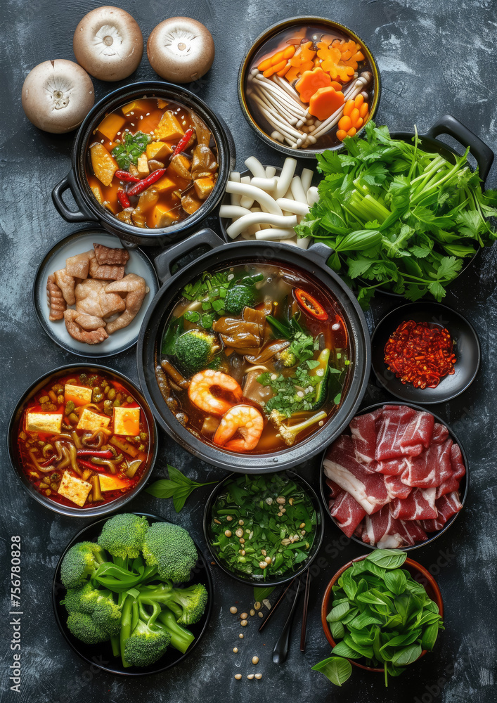 Chinese hotpot with broth, meat, vegetables in bowls, top view ...