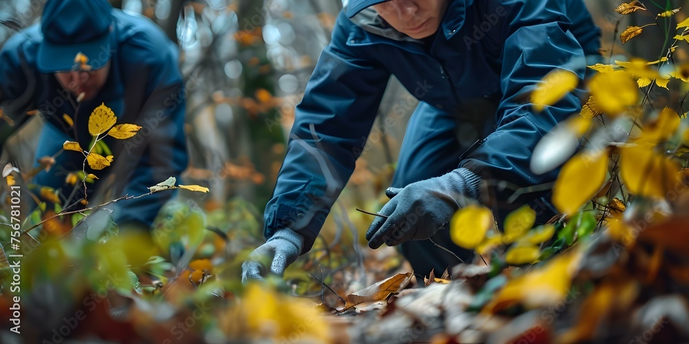 Police officers investigate a crime scene in the woods collecting ...