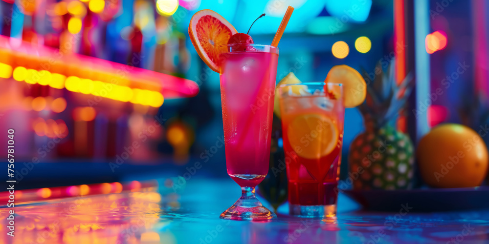 Cocktails on a bar counter with bokeh lights and blur background. Copy ...