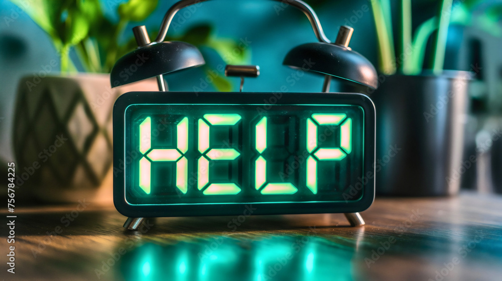 Text "Help" written on the digital alarm clock placed on the wooden ...