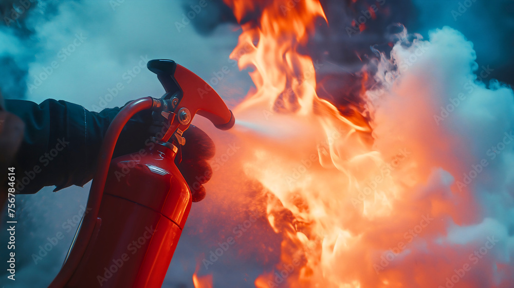 Fireman holding the red fire extinguisher device, trying to extinguish ...