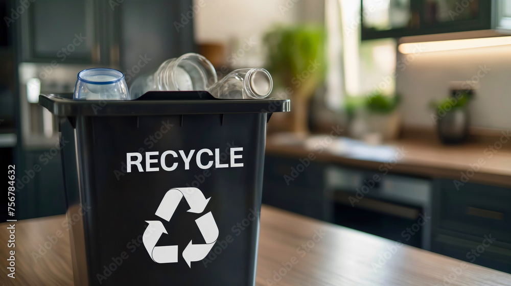 Recycle trash can or trash bin full of garbage or rubbish placed on the ...