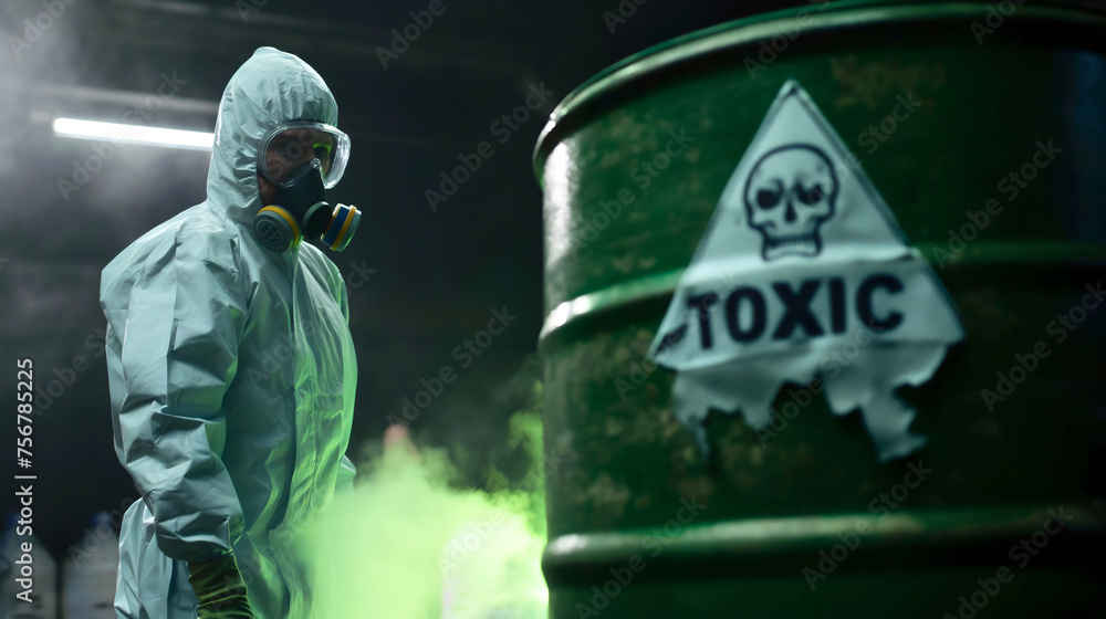 Scientist researcher in a protective white suit standing next to the ...