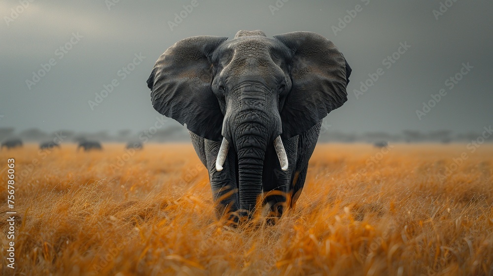 An elephant stands tall in the vast expanse of the savannah, its ...