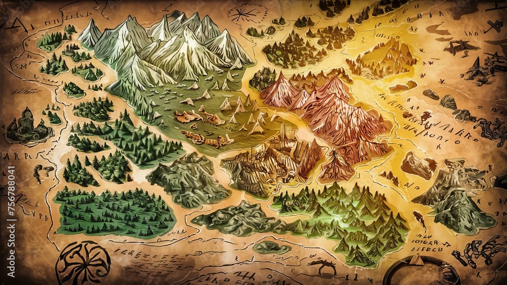 ancient fantasy map: land of legends and mystical topography Stock ...